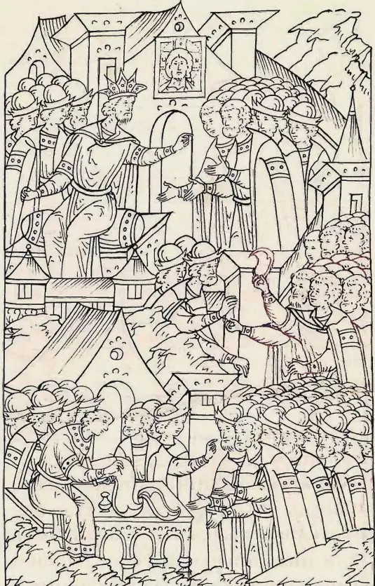 Ivan IV Obljublja, da se pritožujejo od Novgorodskih otrok Boyari pod Kazanom svojo plačo. Miniature iz obraza. Zvezek 21.