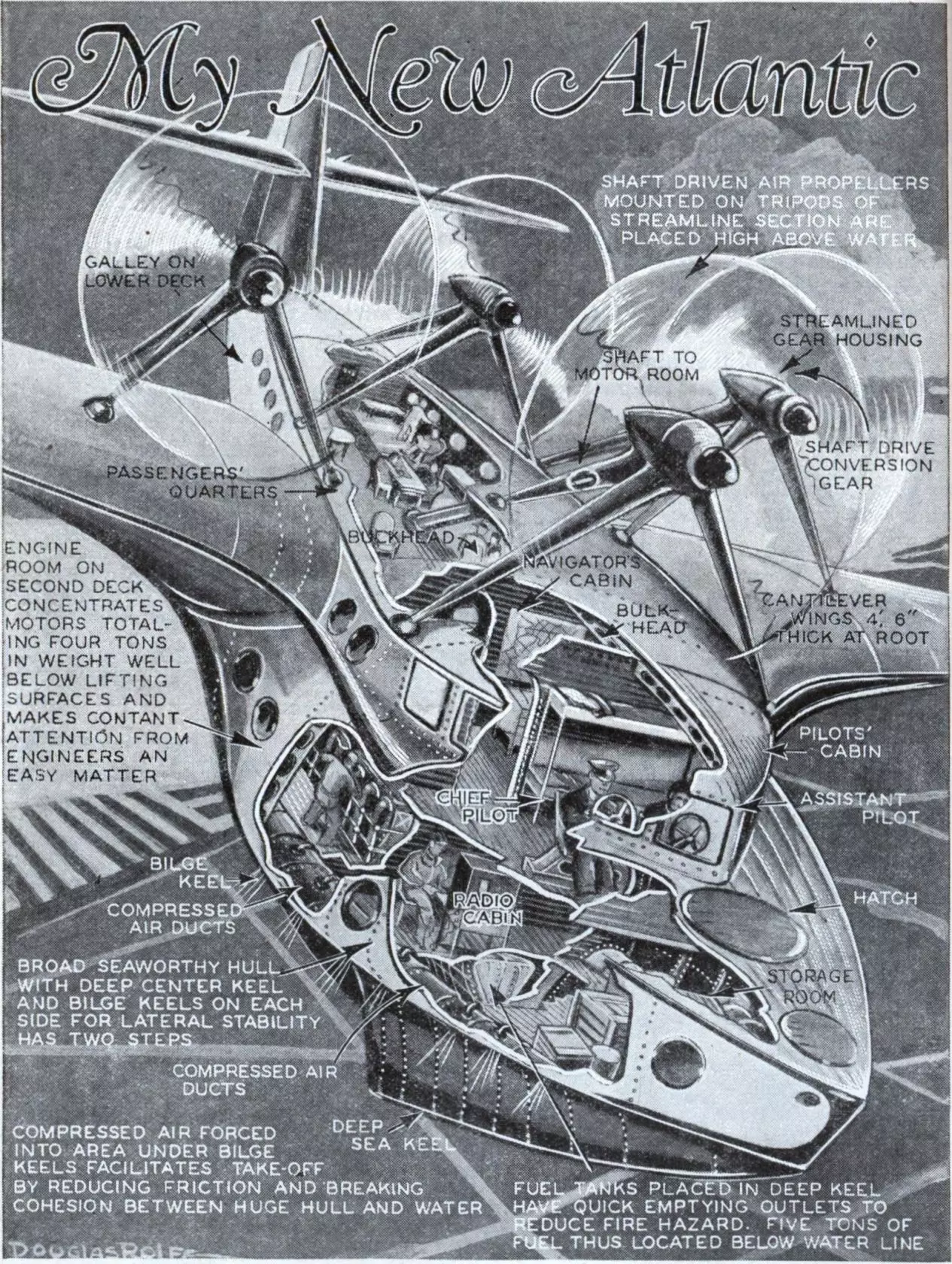 частковий розріз спроектованого Гансом Рорбахом трансатлантичного авіалайнера, взятий з проектів, моделей і описів автора. Самою незвичайною особливістю цієї величезної літаючої човни буде центральне машинне відділення, двигуни якого були з'єднані з повітряними гвинтами за допомогою валів, що проходять всередині обтічних стійок. Основною перевагою цього методу передачі енергії буде утримання центру мас нижче точки прикладання підйомної сили, що полегшує переміщення як по воді, так і по повітрю. У разі вимушеної посадки на воду дане переважно буде посилено розміщенням паливних баків в нижній частині корпусу човна - значно нижче ватерлінії. Літаючий човен також буде забезпечена гребним гвинтом і глибоким кілем, що дозволить досить швидко переміщатися вперед, навіть якщо машина буде змушена приводнився при сильному хвилюванні на море