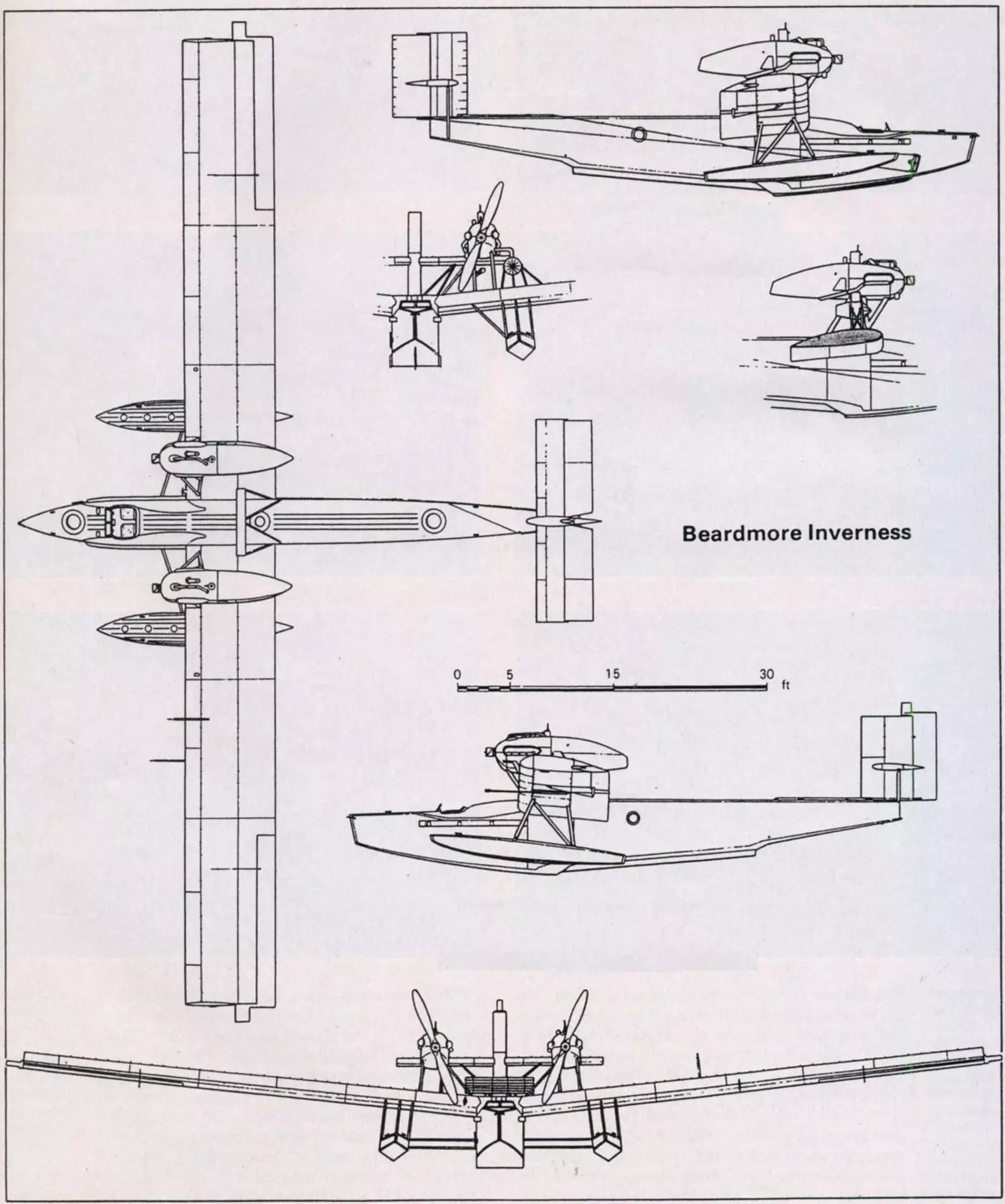 แผนการในสามประมาณการและสองมุมมองบางส่วนที่สร้างโดย Beardmore Flying Boat Inverness N184 ที่มุมซ้ายบนแสดงให้เห็นด้านข้างของเรือบิน Inverness N183 ทำโดย Rohrbach ในกรุงเบอร์ลินและประกอบในเดนมาร์กที่โรงงานใน Kastrap