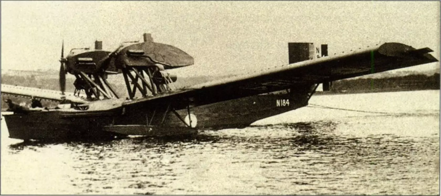 Flying boat Inverness N184 on anchor parking. Pay attention to the crew member on the nasal tip