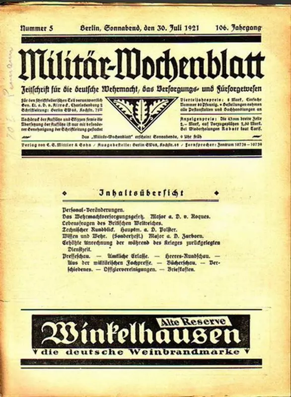 גרמנית גרמנית militärwochenblatt. יצא בברלין בשנת 1816-1942