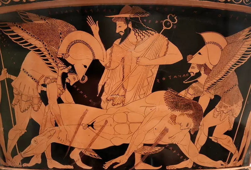 Dödsgudar bärs bort från Fallen Sarpedons slagfält. Röd krater av Eugene Arbete och ekvation, 510 BC