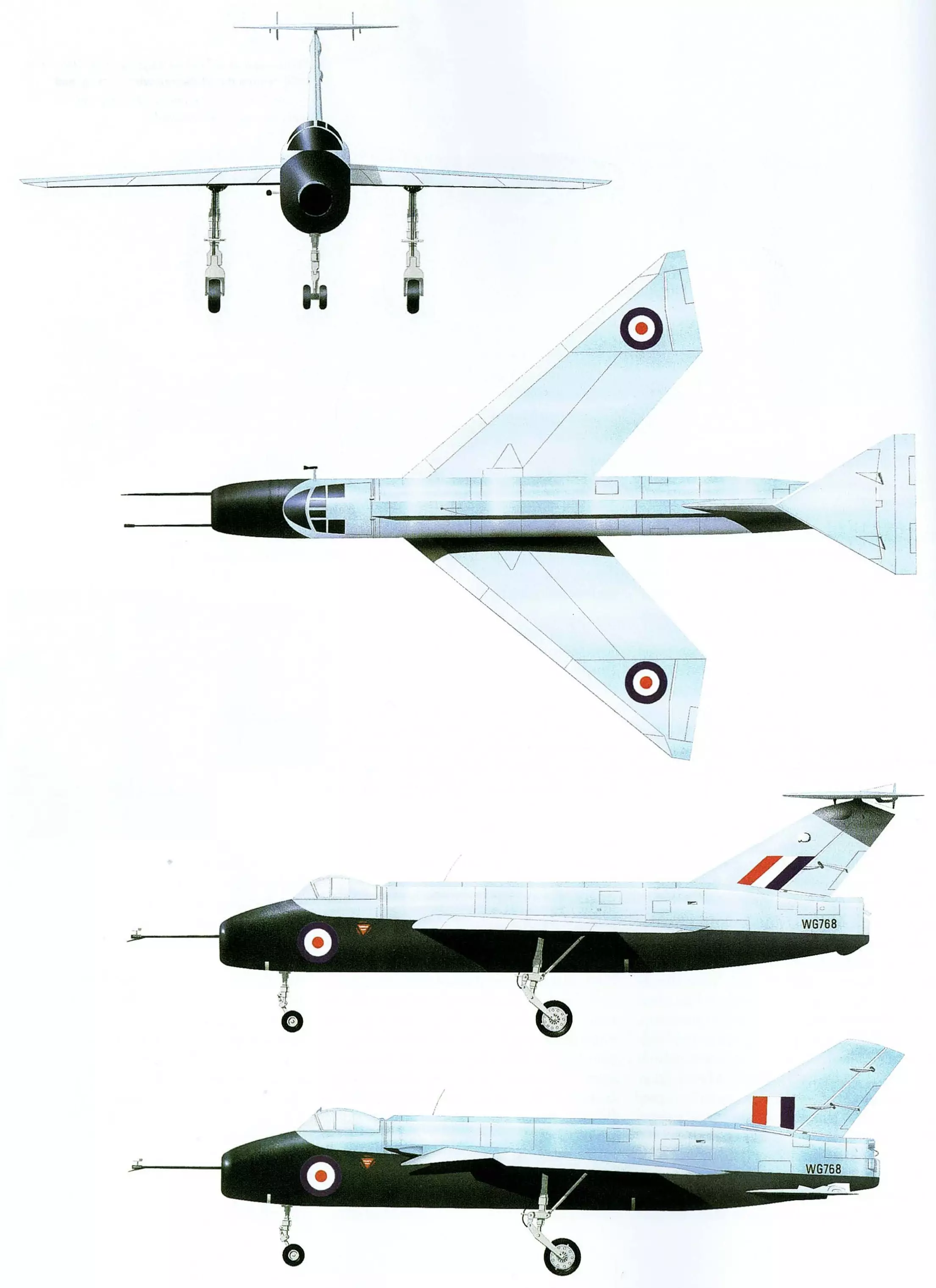 Links: Drie WG768 projeksies wat aan sy eerste vlug in Desember 1954. Die vliegtuig is toegerus met 'n 50º sweep vleuel, regdeur die omvang van preds deur 20º gedeflekteer geïnstalleer, en die stabiliseerder geplaas op die top van die vertikale vere. Basiese onderstel rakke sien verwerp