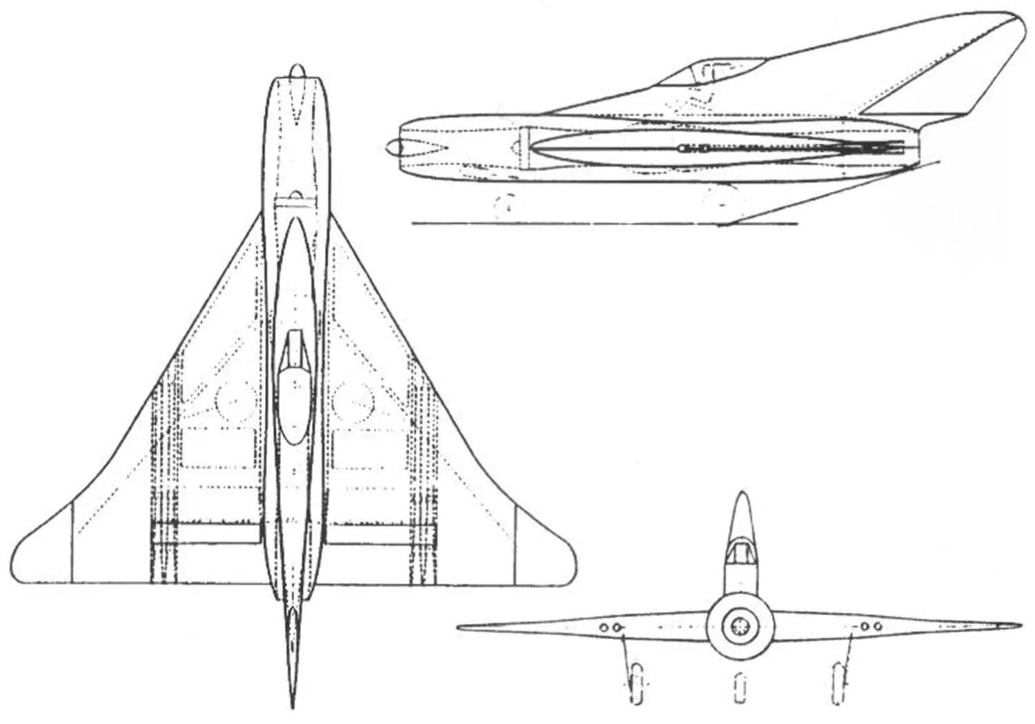 Gloster s.275 Fighter Project Scheme, utformad enligt specifikationer F.3 / 48; April 1948. Armament av fyra 30 mm kanoner ska placeras i konenserna på vingen vid ungefär mitten av räckvidden (Museum of Reactive Aviation)