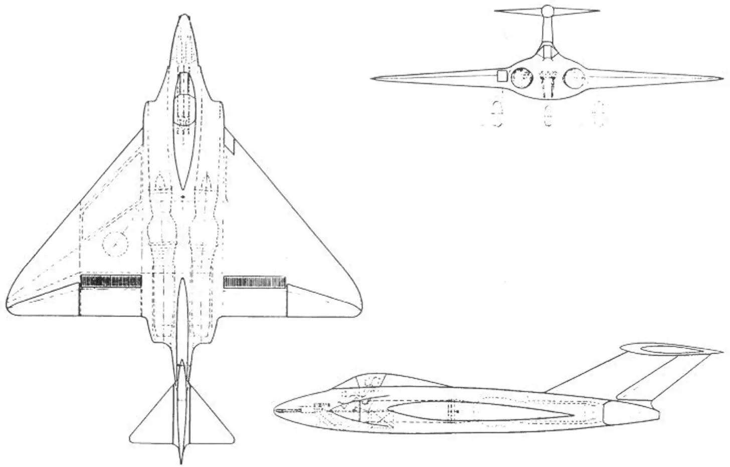 O esquema do proxecto P.250 Single Fighter desenvolvido por Gloster (especificación F.43 / 46), armado con armas de 30 mm de aden. O proxecto P.248 estaba equipado cun pesado de 4,5 polgadas (115 mm) sen unha arma autochado (Museo de Aviación Reactiva)