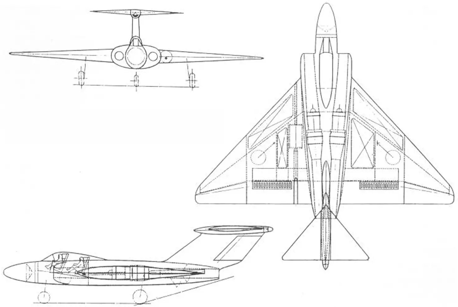 Çift Avcı Gloster P.259 projesinin şeması. Sol konsoldaki kanat konsolunun sol konsolunda bulunan 4.5 inç (115 mm) sıkma tabancasını not edin; Ekim 1947 (Reaktif Havacılık Müzesi)