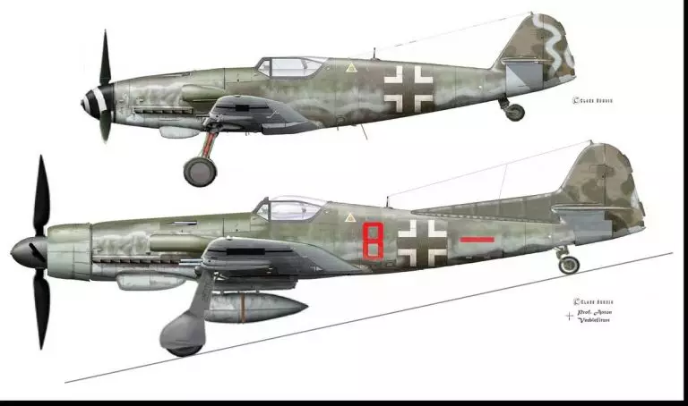 Messerschmitt BF.109k-26 Fighter profyl yn ferliking mei de standert 109e