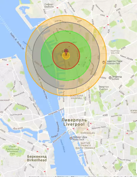 Modelkirina detonasyonê ji berdêlek nukleerî ya 20-kilotone li ser Liverpool. Meriv dikare were dîtin ku faktorên balkêş jî li gorî sînoran tevahiya axa portê nagire