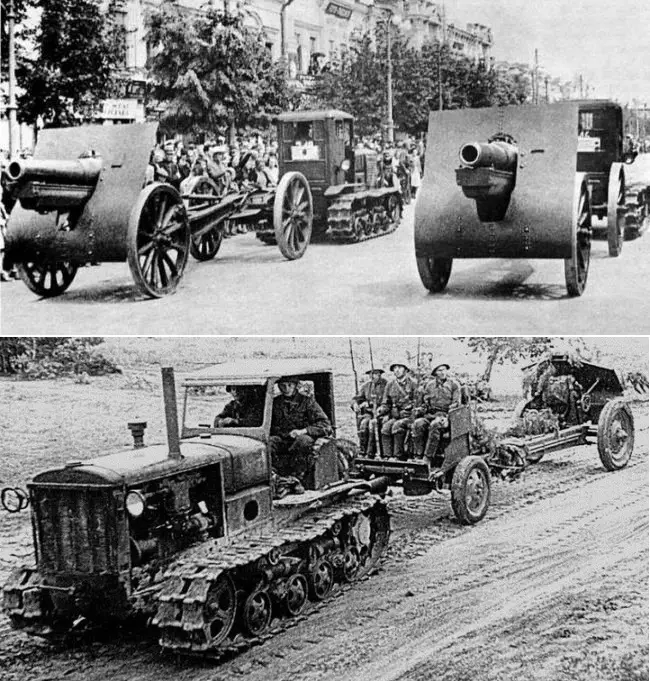 (Tractor of the STZ-3 for its combat work. In the upper picture, STZ-3 just towed 152 mm Maubitis arr. 09/30, with the same success, the tractor will be able to tow and 107 mm Cabinet of the arr. 10/30 and Zenit arr. 28 g)