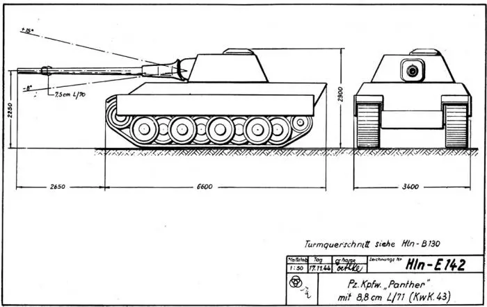 Installasjonsalternativ i Schmallturm-tårnet på 88 mm kwk 43 l / 71 tankpistol. Dette er ikke så tydelig i ordningen, og i fabrikkstegningen er det tydelig merkbart at kommandanten sitter på renne av pistolen