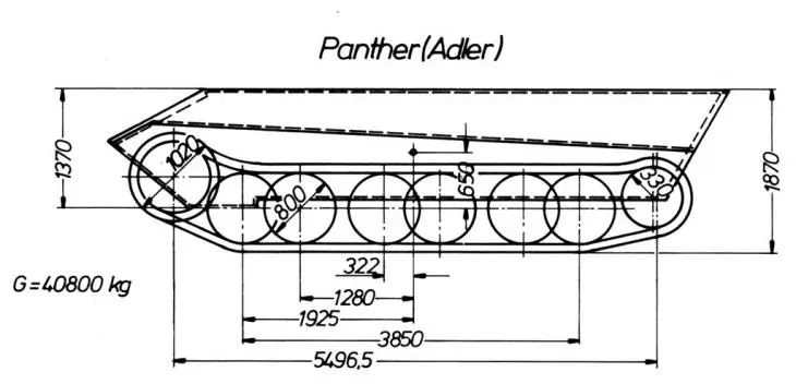 Chassis e-50. Com uma massa de combate de um tanque de 50 toneladas para armas e a torre permaneceu um pouco menos de 10 toneladas