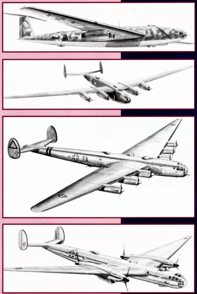 Diferents projectes de bombarders distants desenvolupats per l'Oficina de Disseny de Messerschmitt. Aquestes imatges inclouen idees comunes. No hi ha evidència que si es construissin els prototips, semblen aquestes il·lustracions decorades estranyes. De dalt a baix: un projecte amb quatre motors turbojet Jumo 004c, jo 264 amb motors de turboprop de BMW, jo 264 amb sis motors, avanproproek Messerschmitt P 1075 amb quatre motors de pistó i dos turbojet