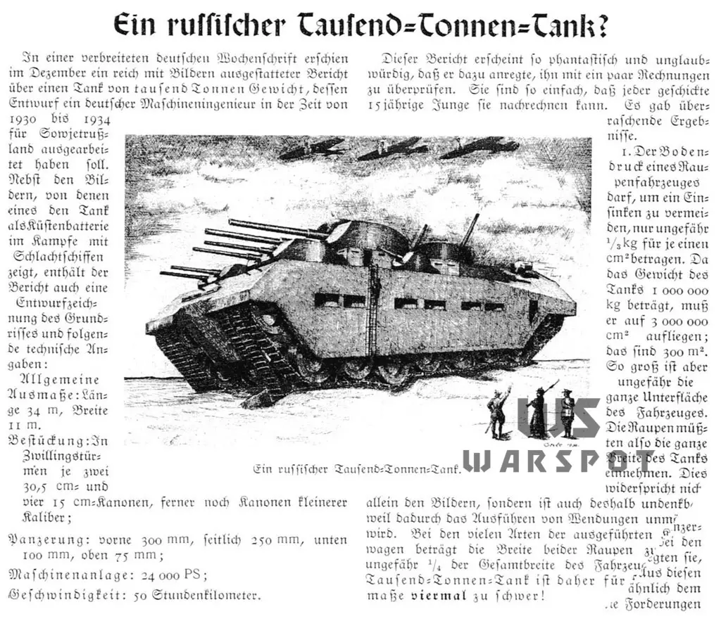 Un artículo sobre un tanque de 1000 toneladas en la gruta, publicado en la revista Kraftfahrkampftruppe en septiembre de 1937