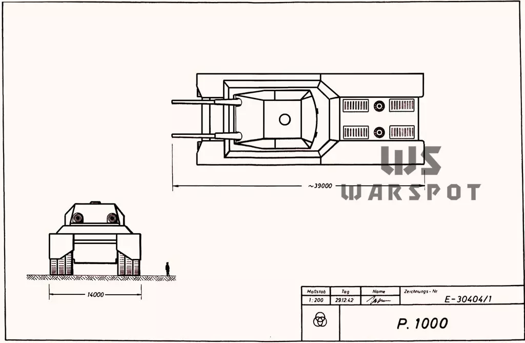 La única imagen confiable de P.1000 del contrato encerrado con KRUPP. Debido al hecho de que la vista lateral no se conserva, la apariencia del chasis del tanque es objeto de varias especulaciones