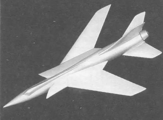 Model projektu Tu-98B s jedným prúdovým motorom a prívodmi vzduchu podobný americkému stíhaciemu lietadlu F-105 Thunderchif