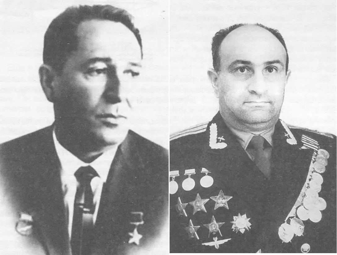 Pilot V.F. Kovalev, som testade Tu-98. Höger-Navigator K.I. Malkhasyan, som deltog i testerna av Tu-98 och Tu-128