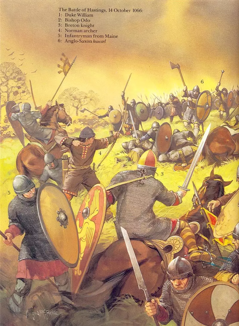 Slag van Hastings. Die oomblik is getoon toe om die verspreiding van vals verhoor oor sy dood stop, die Hertog van Wilhelm het sy gesig; Die Biskop van Odo dui ook die krygers vir die Duke: 1 - Duke Wilhelm; 2 - Biskop van ODO; - Breton Knight; 4 - Norman Archer; 5 - Pekhogin van Maine; 6 - Anglo-kamer Huskarl