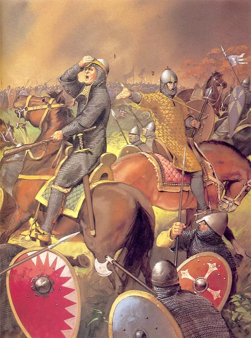 Batay nan Hastings. Moman sa a yo montre lè yo sispann gaye nan fo tande sou lanmò li, Duke a nan Wilhelm louvri figi l '; Bishop la nan Odo tou endike vanyan sòlda yo pou Duke a: 1 - Duke Wilhelm; 2 - Bishop nan Odo; - Breton Knight; 4 - Norman Archer; 5 - Pekhogin soti nan Maine; 6 - Anglo-Chamber Huskarl