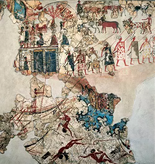 Warriors ar lieliem augšanas taisnstūra vairogiem (Cretan Fresco)