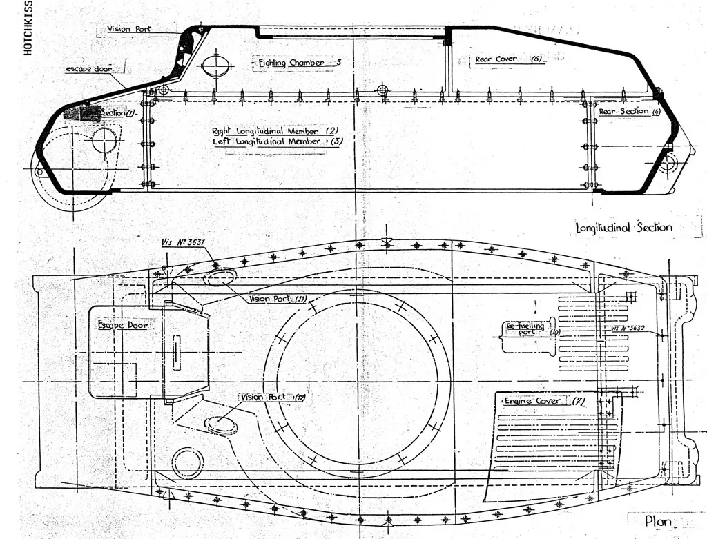 O esquema do casco do tanque, que é claramente visible, de que partes consiste e como os elementos están conectados entre si.