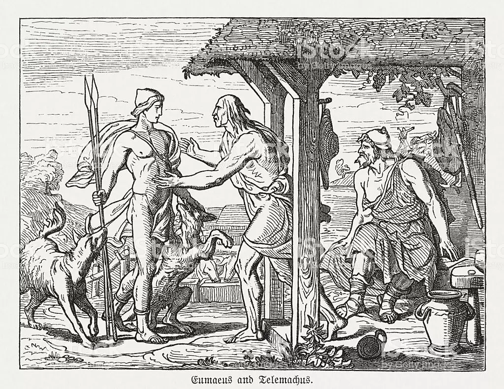 Eumaeus o amohela Telemachus ha a khutlela hae. Pono e tsoang ho Greek Mythology. Wood engraving, e hatisitsoeng ka 1880.