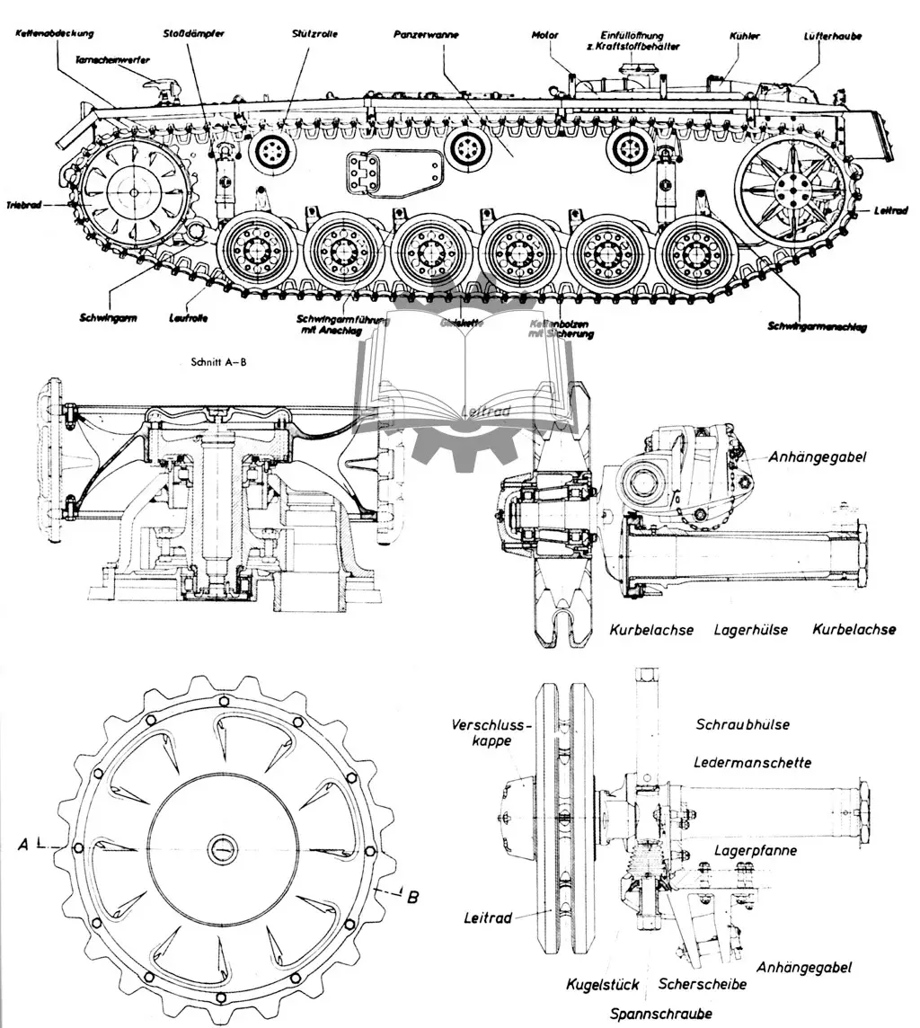 Şasi Pz.KPFW.III AUSF.H.'in son yapılandırması. Eski şasiden, şişlikler kaldı ve silindirleri destekliyor