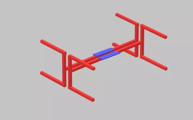 Het diagram van twee driezijdige decapartulaire robots voor de levering van munitie. Blauw gemarkeerd beweegbaar vervoer