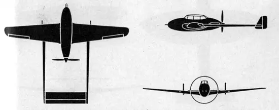 FW 198 Diagramma da combattimento, su cui sono mostrate le sue principali caratteristiche distintive: la fusoliera a forma di goccia è collegata all'ala; Spingere l'elica, travi di coda con piumaggio verticale di Twokill sui suoi consigli; Piumaggio orizzontale rettangolare