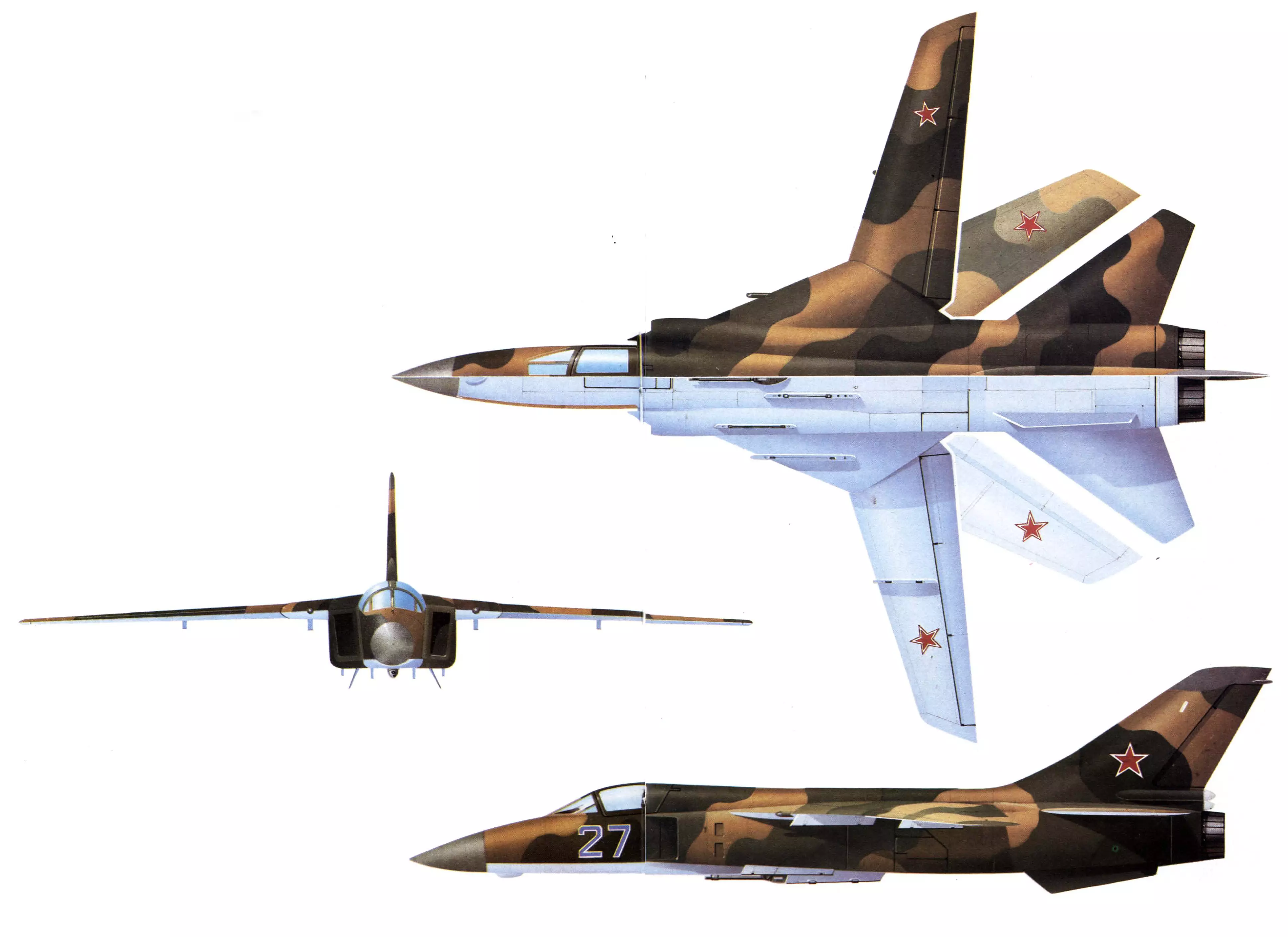 DEN WEESSPROHOFKHOCK Fligere fir d'Isolatioun vum Sukhoi su-24 Fenrr Clever Regioun. Top View: Dës Figur weist d'Basis Layout vum Su-24. Anscheinend, sou datt Fligeren an der Airraft an der MIG-23 baséiert op enger eenzeger Basisstruktur baséiert, awer Su-24 ass ouni aerodynamesch Ännerungen entworf, wat chanesch Modbiere vun der spéidere Miger Viischt View: D'Bedeitung vun der Existenz vu Su-24 ass ganzt Wieder, dat ass sou datt d'Mig-27 Attack Fliger net feelt. Bedeitend dofir sinn d'Crew vun zwee Leit, déi laanscht Säit an enger enger eenzeger Kabin sëtzt, an eng Nuesstandsunitéit, viraussiichtlech Radarstatiounen vun der Terrasse vun den Terrasse vun den Terrasse vun den Terrassen Säit View: Su-24 Säit Profil erënnert kloer allgemeng Hierkonft mat Mig-23. Rüstung an suspendéiert Brennstoff Panzer ginn ënner de Konsolen vum Flilleken gesat, root am Flilleken an ënner dem Fusrage