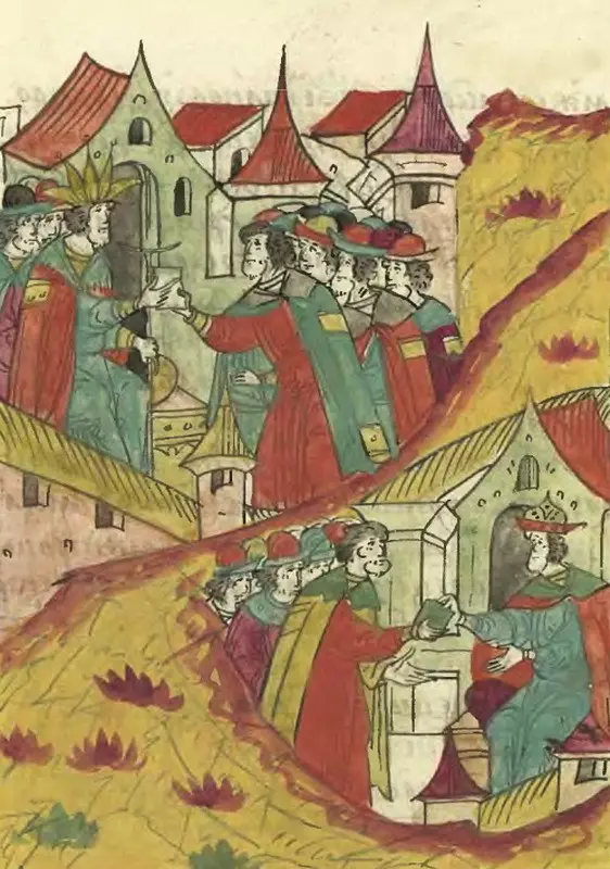 立陶宛的信使給了伊凡雷帝一封西吉斯蒙德二世的信，要求停止與利沃尼亞人的戰鬥。正面拱頂的縮影