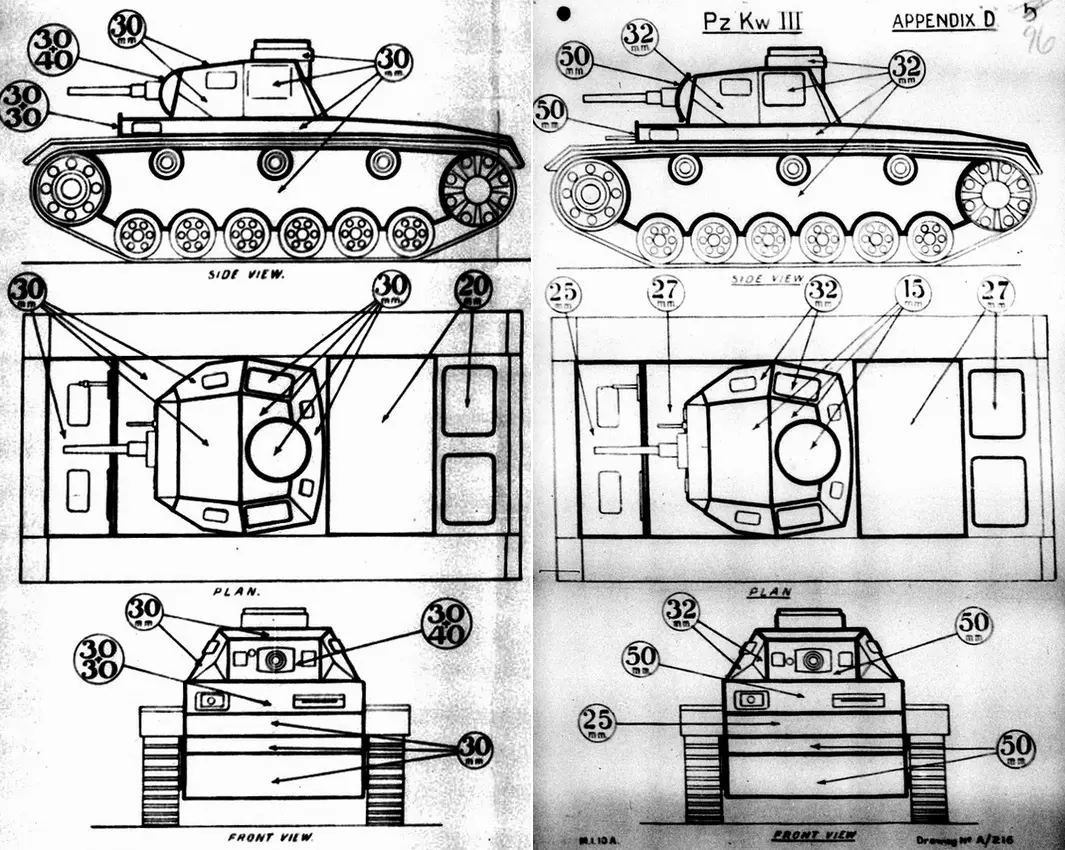 左側は、英国の諜報機関によって編集されたシールド付きPz.Kpfw.III戦車の装甲スキーム、右側は「新しいタイプのT-III」：厚さ50mmの正面装甲を備えたPz.Kpfw.IIIです。データにはいくつかの不正確さがあります