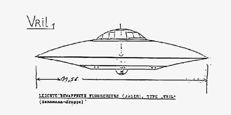 Vril 1 Jager Fighter disolet. Die Platzierung von Waffen im Rotationsrevolver / Turm unter der Festplatte war dann eine Standardlösung für solche deutschen Projekte