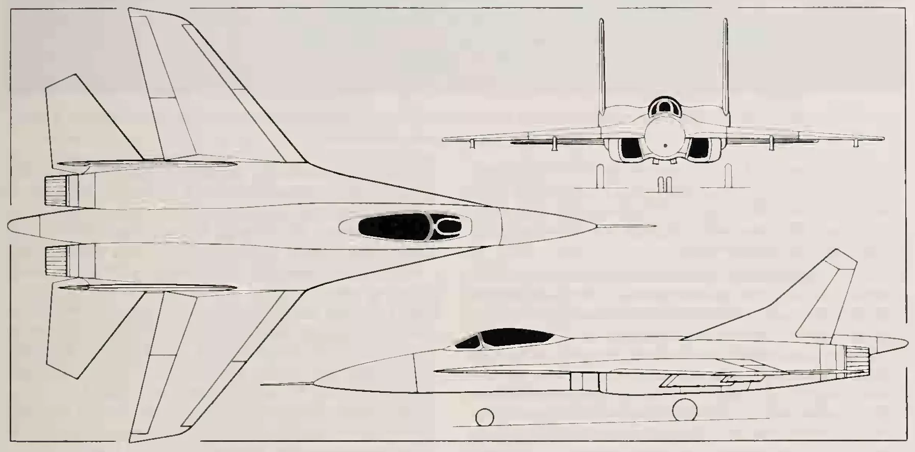 Voorlopige tekening van een enkele tweelingmotor luchtverdediger jager Sukhoi Su-27, die in de NAVO toegewezen Flanker Code-aanduiding (pilotpers)