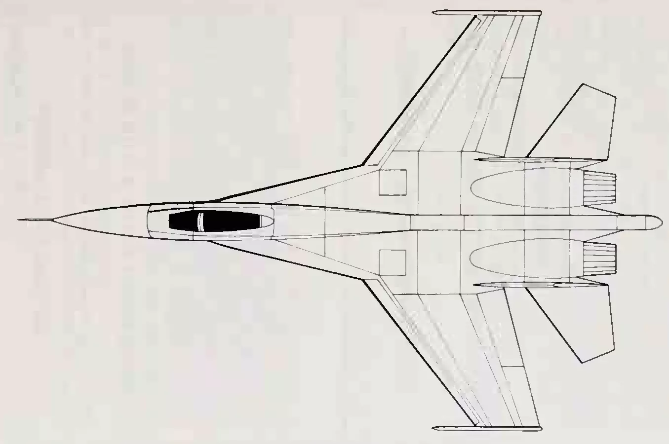 Drawing of a single twin-engine air defense fighter Sukhoi SU-27, top view (Michael A. Badrocke)