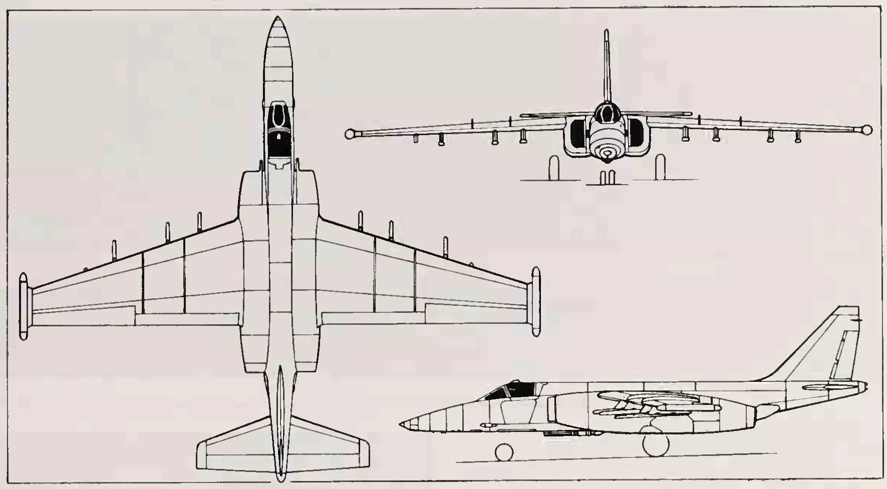 Pre-deseño do avión de choque Sukhoi Su-25 en tres proxeccións (Michael A Badrocke)