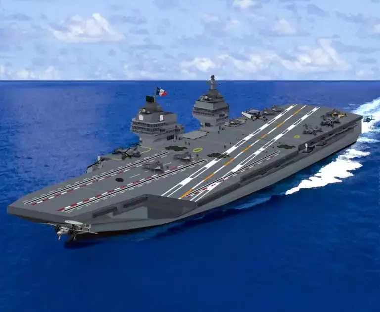 Künstler-Eindruck eines zukünftigen Flugzeugträgers mit drei EMALS, zwei Inseln und Phased-Array-Radar. © ©
