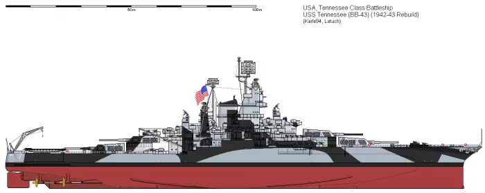 İkinci Dünya Savaşı sırasında Tennessee Battleship, derin bir yükseltme yapıldıktan sonra.