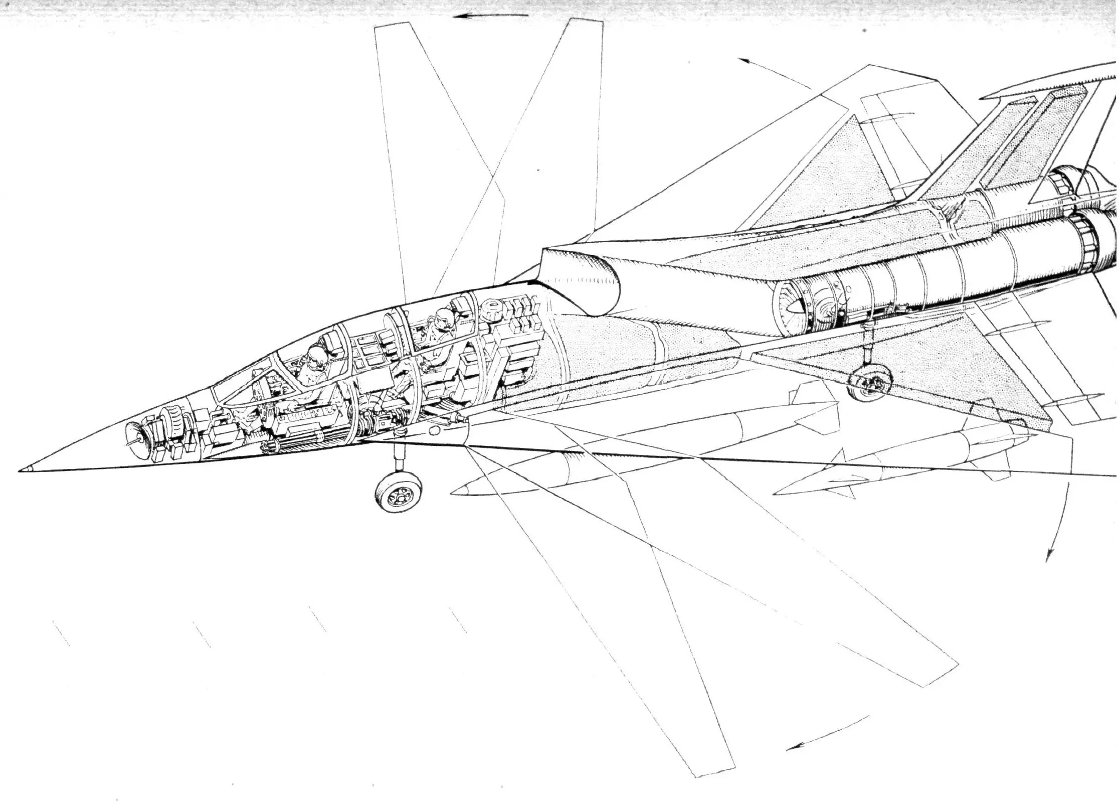 Αυτό το καθαρά υποθετικό σχέδιο απεικονίζει τα χαρακτηριστικά που αναμένονται από το πρόγραμμα TFX. Οι κονσόλες πτέρυγας απεικονίζονται με ελάχιστες, μεσαίες και μέγιστες γωνίες διόγκωσης. Η πρακτική κάθε σημαντική εταιρεία παραγωγής αεροσκαφών παρουσίασε το όραμά της για το αεροσκάφος TFX, με διαφορετικούς τρόπους χρησιμοποιώντας το Pratt & Whitney TF30, Allison Ar.168 (αμερικανικό βρετανικό Rolls-Royce Spey British Rolls-Royce Sepation) ή ένα έργο του κινητήρα του Γενικού Ηλεκτρικού. Ο καλλιτέχνης μας επεσήμανε μια πιθανή εφάρμοση εισαγωγή αέρα, συνεπής τοποθέτηση των καθισμάτων των μελών του πληρώματος, ένα πλαίσιο τεσσάρων κορμών, τέσσερις υποταθούς πυλώνες και μεγάλοι έλεως. Το κατάλυμα καυσίμων είναι σκιασμένο