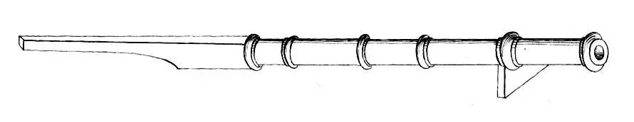 "Arquebusa" ("arco buso") d'après un manuscrit de di Giorgio vers 1480). Calibre 30 mm, balle plomb 170 g