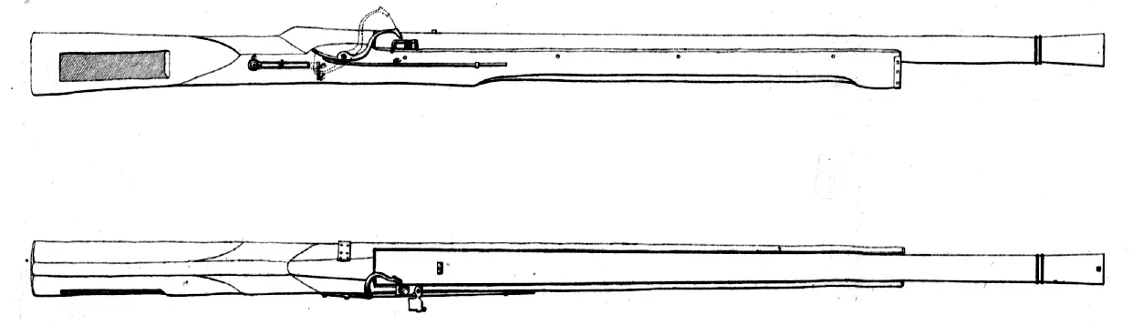 Dvojitý háček se zámkem knotu bez spouště. Muška a hledí byly připojeny později. Délka 2,015 m, hlaveň 1,377 m, ráže 26,2 mm. Schön, S. 12