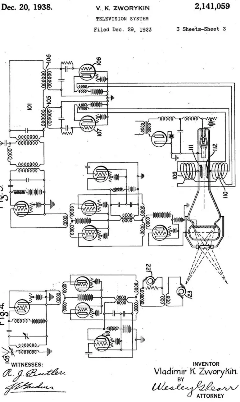 Ritning från V. Zworykins 1923-patentansöknings-tv-system