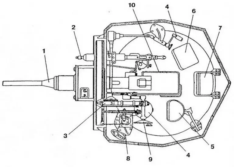 Vokietijos bokšto schema: 1 - 50 mm ginklas; 2 - mg 34 mašinų pistoletas; 3 - teleskopinis akyse; 4 - smagratis - bokšto sukimo mechanizmo; 5 - pistoletas; 6 - įkrovimo sėdynė; 7 - Vietos sėdynė; 8 - bokšto kamščio rankinis rankovas; 9 - smagratis apie kėlimo mechanizmą; 10 - Tvoros pistoletas.