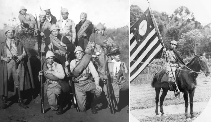 Oddziały rebeliantów. Zwróć uwagę na ich flagę, która jest podobna do flagi USA.