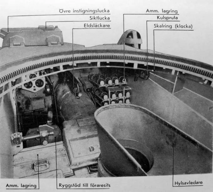 Interieur van de afdeling Management Strv M / 42. Kijkend naar de plaats van de machineschutter, begrijp je waarom later het uit de bemanning was verwijderd