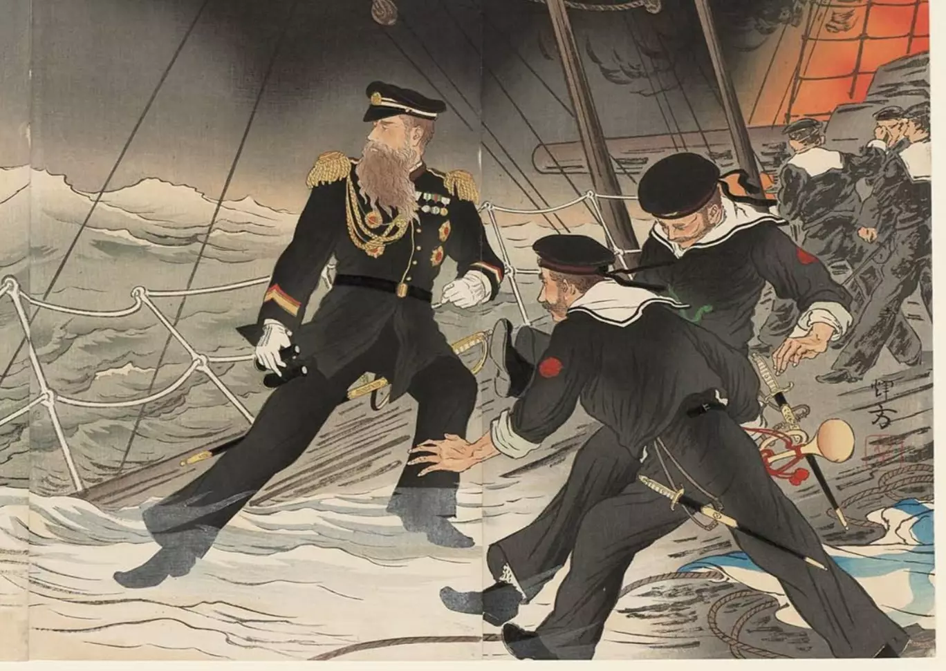 Admiral Makarov während der Inspektion eines beschädigten Kreuzer