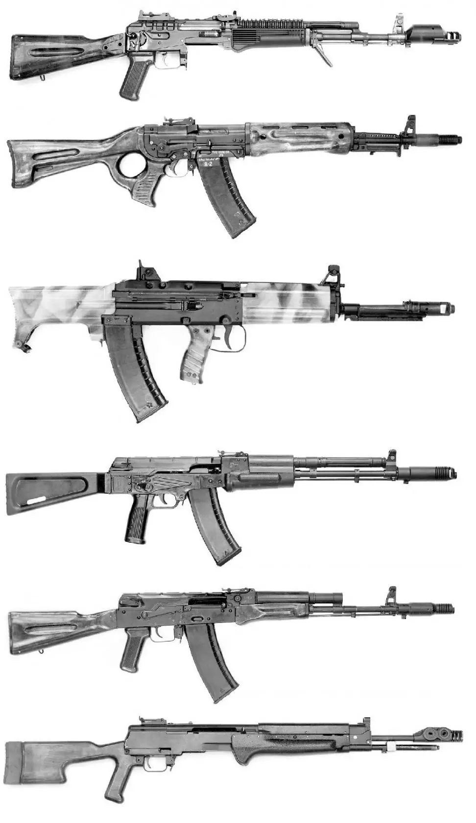 Ülevalt alla TKB-0111 (Korobov G. A.), TKB-0136-3M (Afanasyev N. M.), TKB-0146 (Stechkin I. Ya.), AEK-971 (Tareva B. A.), AEK 978 (Pikinsky PA), AFM ( Nikonov GN)