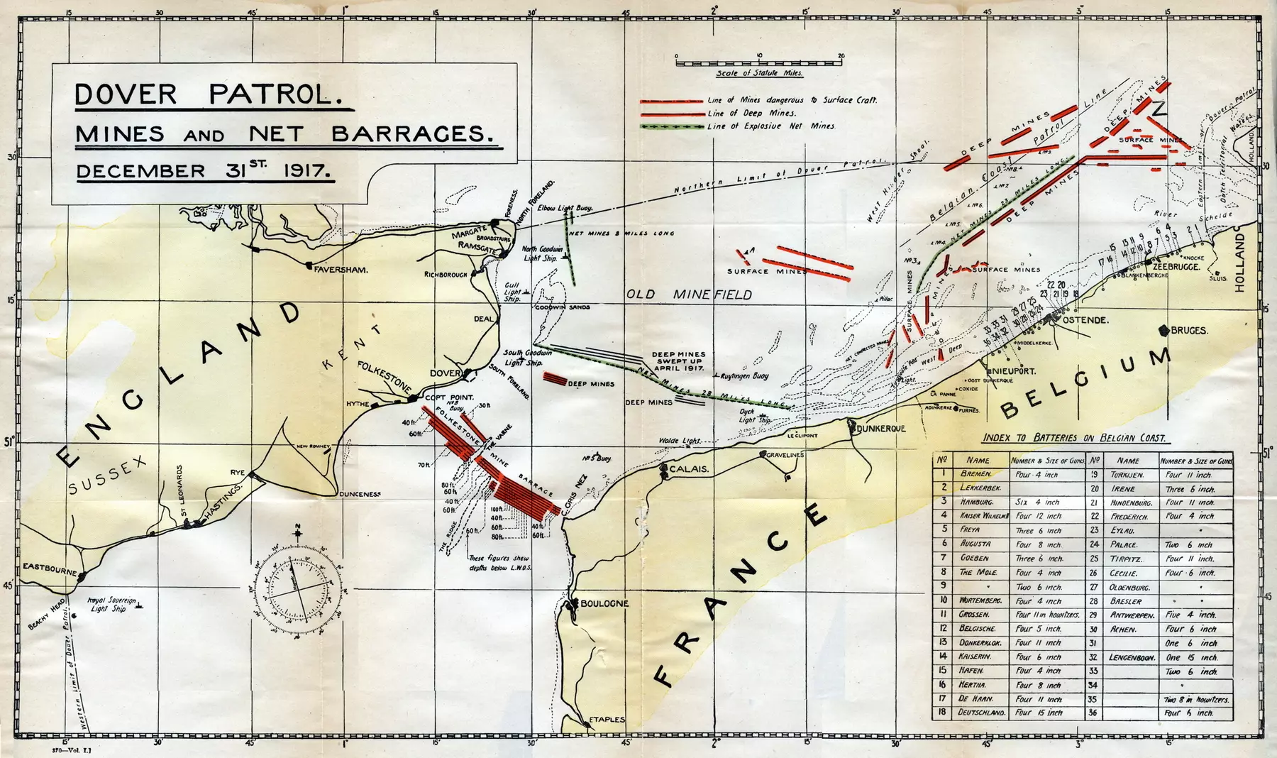 Harta e barrës së barrës së minave dhe rrjetit në ditën e fundit të vitit 1917. Harta tregon bateritë bregdetare të famshme gjermane. Një version i zgjeruar është në dispozicion për të klikuar. Reginald proshutë. Patrulla e Dover. 1915-1917.