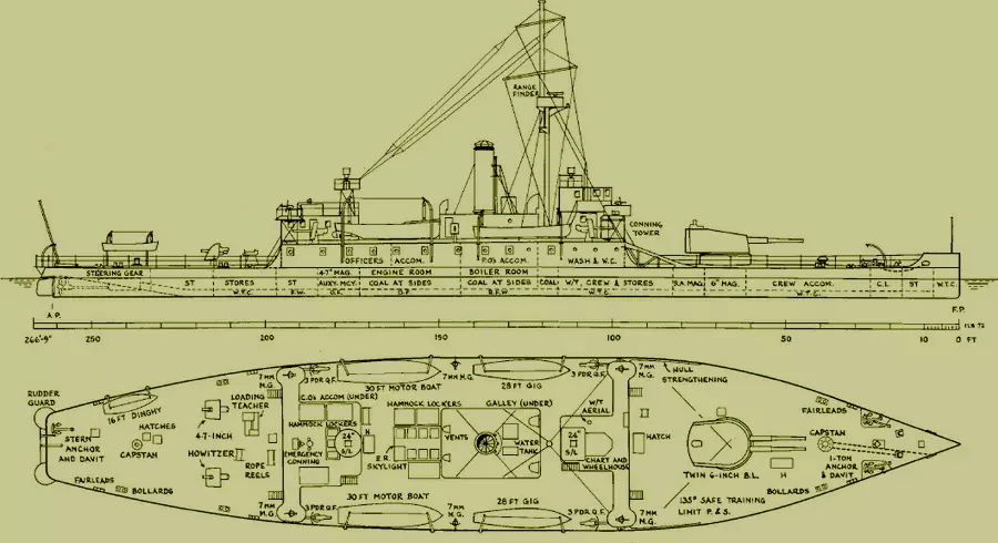 Hamber hom kev soj ntsuam tom qab nkag mus rau cov nkoj hauv tebchaws Askiv, 1914. Txaus siab rau qhov txhim kho ntawm lub tsev nyob hauv lub qhov ntswg ntawm cov superstructure (Ian BuTon. Tsim muaj phom loj, kev tsim kho thiab kev ua haujlwm xyoo 1914-1945)