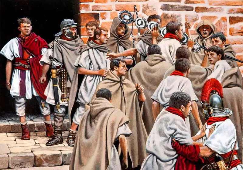En scene med et mytteri i den romerske hær. Genopbygning af Z. Grbašić