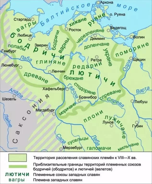 Mapa gidaghanon 1. Lutychi (sugo-sa-kaugalingon sa nating baka, Wilians) sa taliwala sa Vagram (sakyanan) ug Luzhicans sa 8-10 mga siglo.